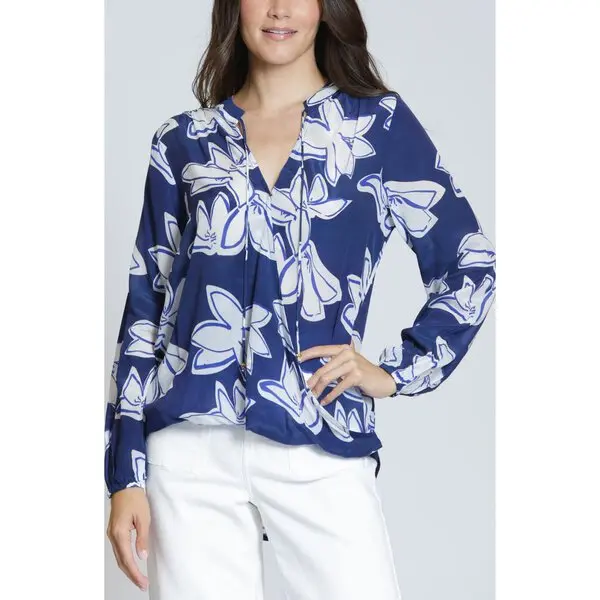 APNY Print Surplice Neck Top - Dark Blue