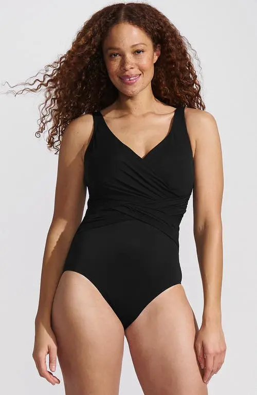 LANDS' END Slender Tummy Control Chlorine Resistant Wrap One Piece Swimsuit - Black