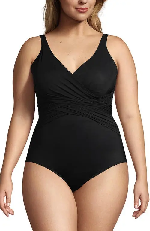 LANDS' END Dd-cup Slender Tummy Control Chlorine Resistant Wrap One Piece Swimsuit - Black