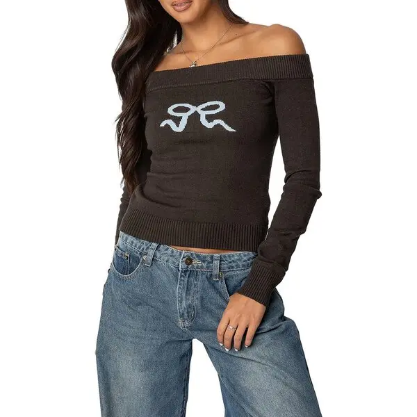 EDIKTED Off-the-shoulder Bow Top - Dark-gray