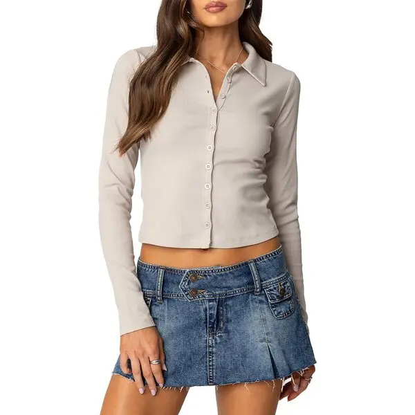 EDIKTED Darin Ribbed Button-up Crop Top - Light-gray