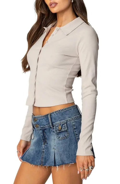 EDIKTED Darin Ribbed Button-up Crop Top - Light-gray
