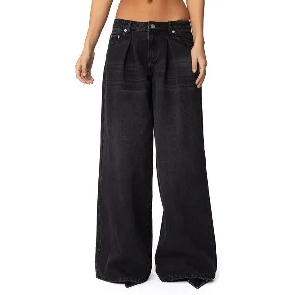 EDIKTED Pleated Low Rise Wide Leg Jeans - Black