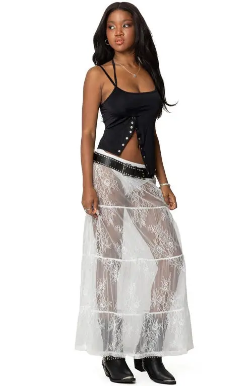 EDIKTED Tiered Sheer Lace Maxi Skirt