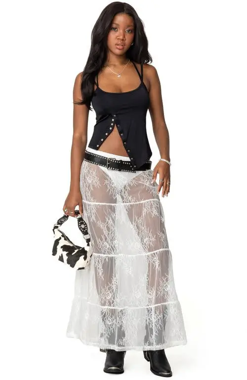 EDIKTED Tiered Sheer Lace Maxi Skirt