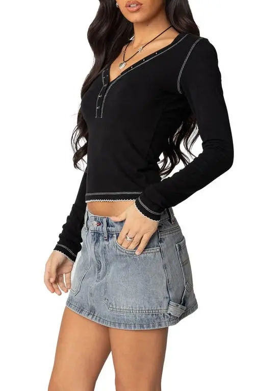 EDIKTED Yael Contrast Stitch Henley - Black