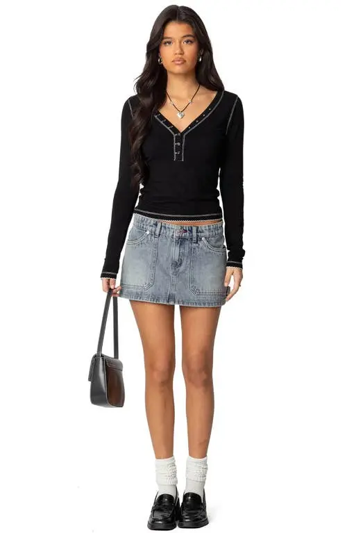 EDIKTED Yael Contrast Stitch Henley - Black