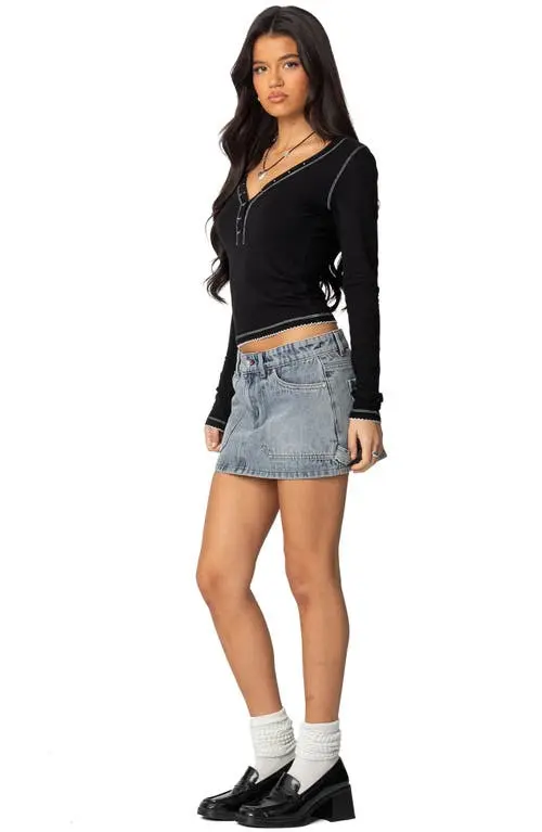 EDIKTED Yael Contrast Stitch Henley - Black