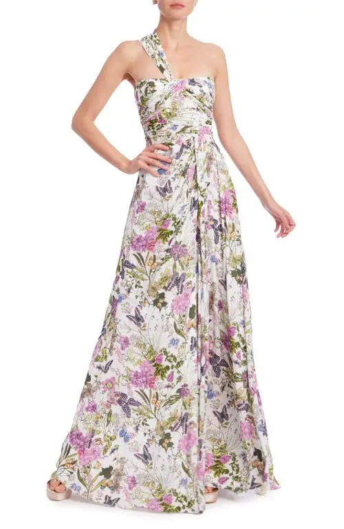 Badgley Mischka Floral One-shoulder Gown