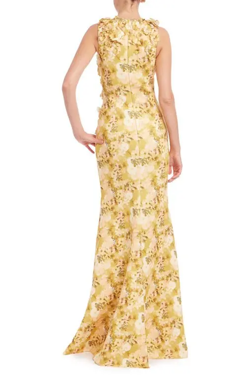 Badgley Mischka Floral Appliqu Scuba Knit Column Gown - Yellow Multi |  Editorialist