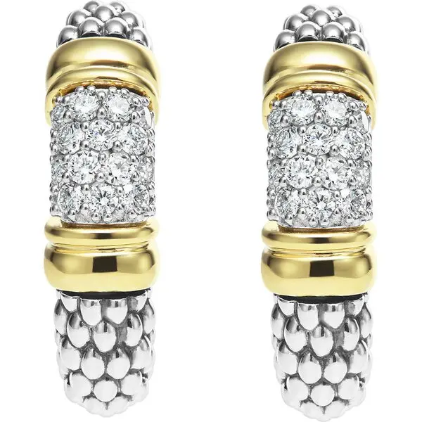 Lagos Signature Caviar Pavé Diamond J Hoop Earrings - Two-tone