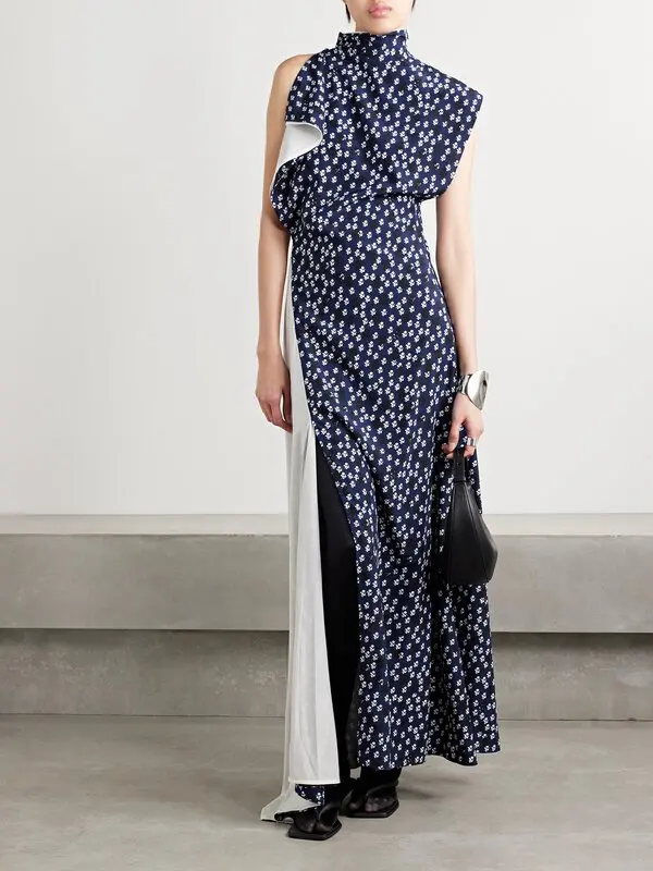 Proenza Schouler Devyn Asymmetric Draped Floral-print Poplin Maxi Dress - Blue