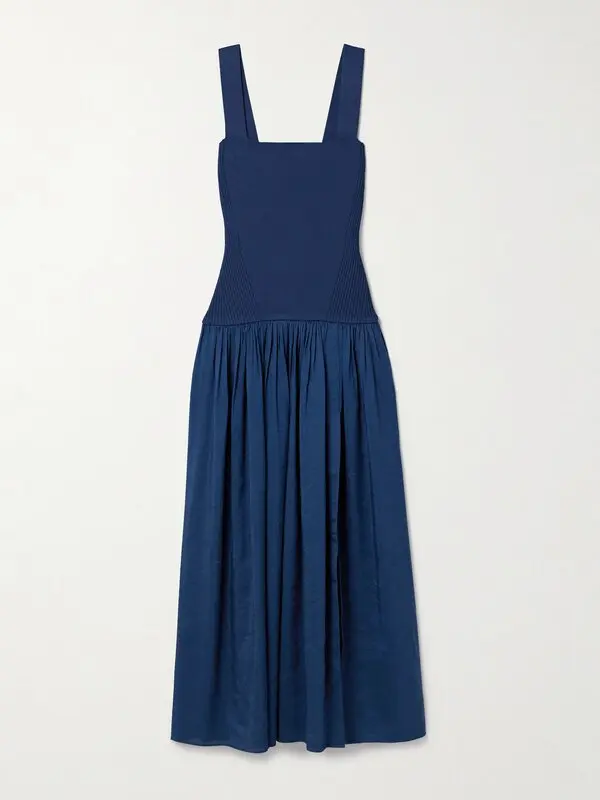 LA LIGNE Stretch-knit And Gathered Linen-blend Midi Dress - Blue