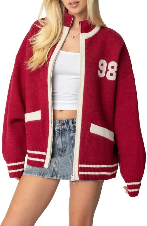 EDIKTED 98 Varsity Zip Sweater - Burgundy