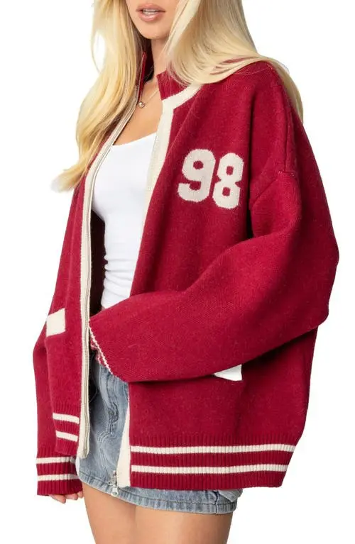 EDIKTED 98 Varsity Zip Sweater - Burgundy