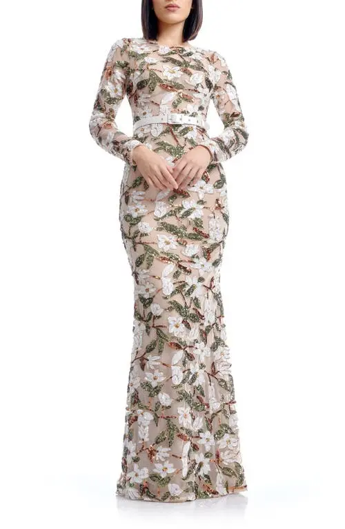 Dress The Population Tamra Sequin Embroidered Mermaid Gown - Ivory Multi
