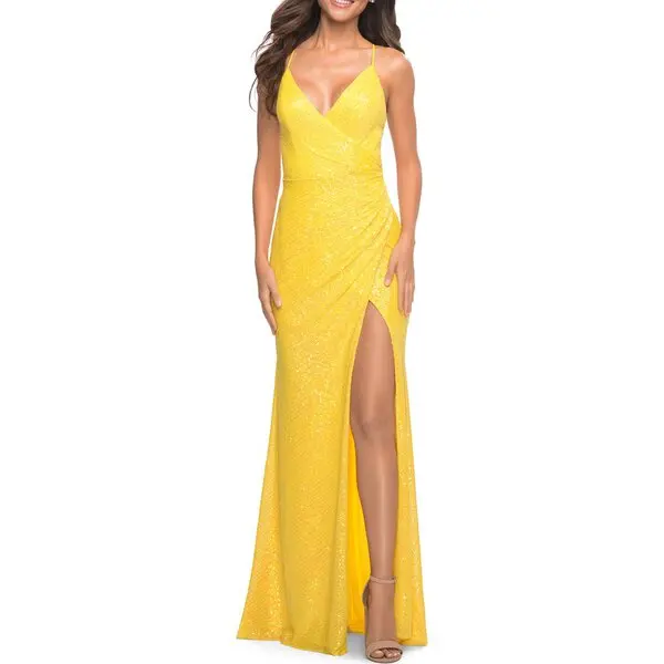 La Femme Sequin Gown With Slit - Yellow