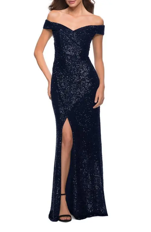 La Femme Off-the-shoulder Sequin Gown With Slit - Navy