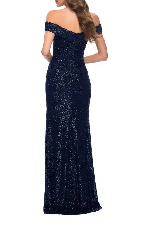 La Femme Off-the-shoulder Sequin Gown With Slit - Navy