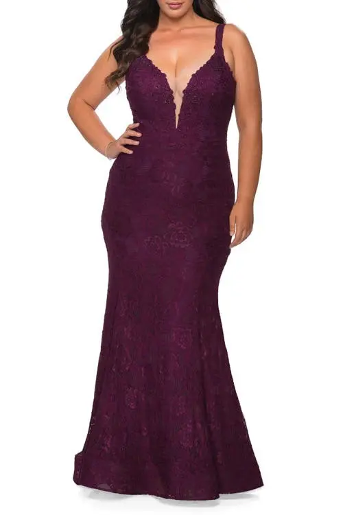 La Femme Fitted Lace Gown - Dark Berry