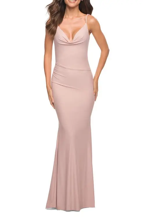 La Femme Soft Jersey Ruched Gown - Mauve