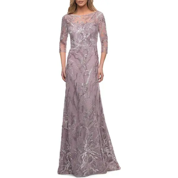 La Femme Sequin Lace Gown With Sheer Sleeves