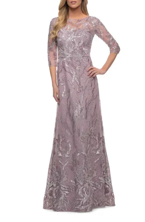La Femme Sequin Lace Gown With Sheer Sleeves