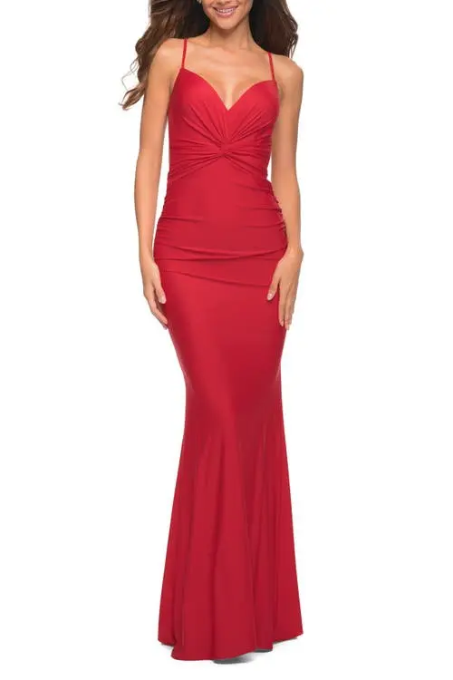 La Femme Knot-waist Open-back Jersey Gown - Red