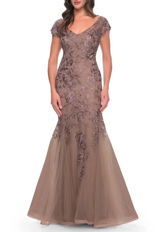 La Femme Lace And Tulle Mermaid Gown - Cocoa