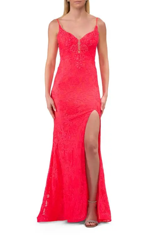LABOMME Lace Rhinestone Deep V-neck Gown - Hot Coral