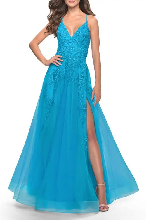 La Femme Tulle Ball Gown With Floral Detail And Slit - Aqua
