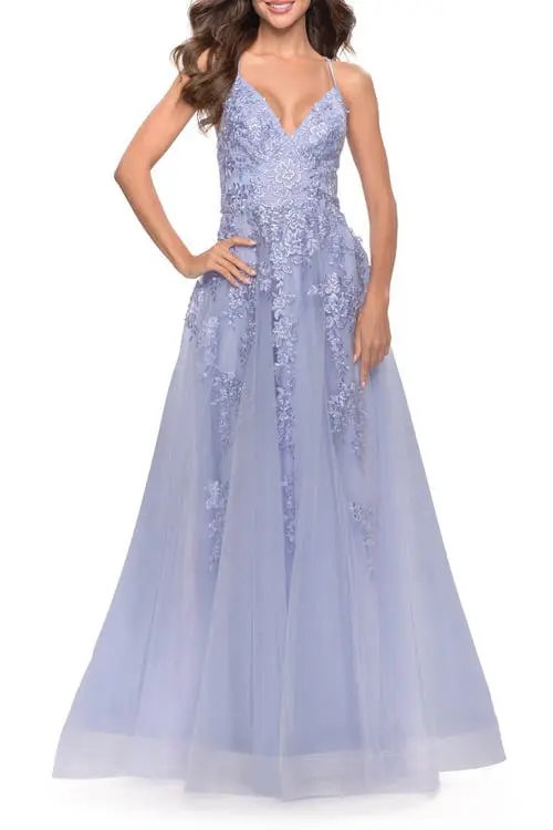 La Femme Tulle Ball Gown With Floral Detail And Slit - Light Periwinkle
