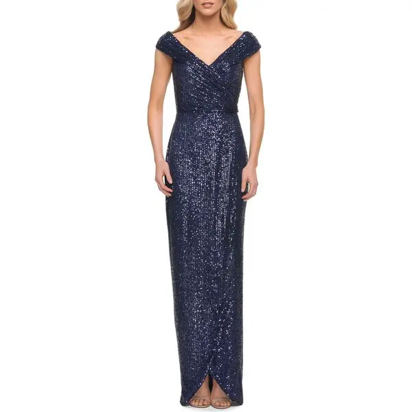 La Femme Sequin Evening Gown - Navy