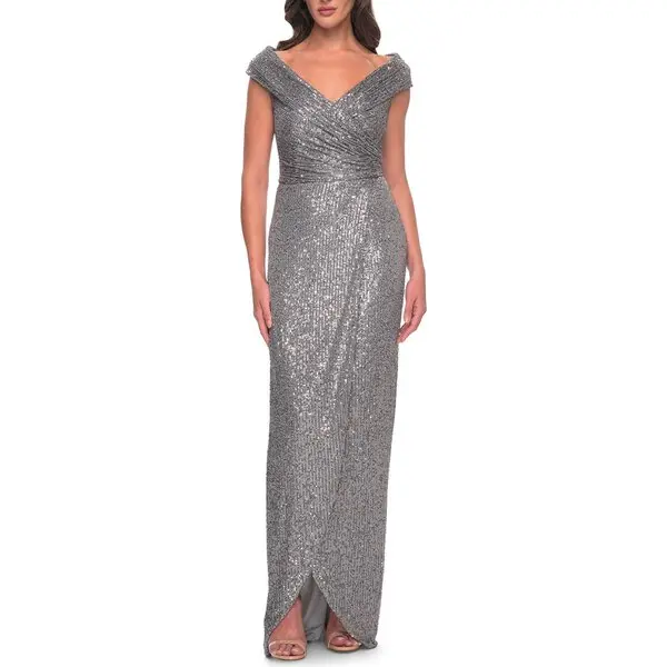 La Femme Sequin Evening Gown - Silver