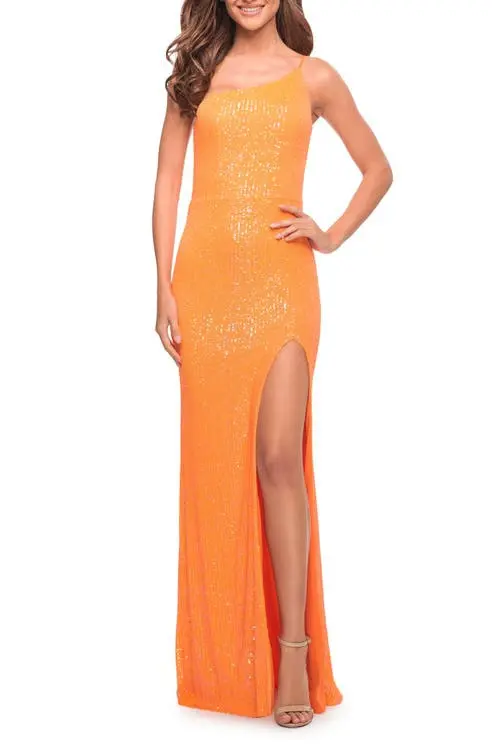 La Femme One-shoulder Sequin Gown - Orange