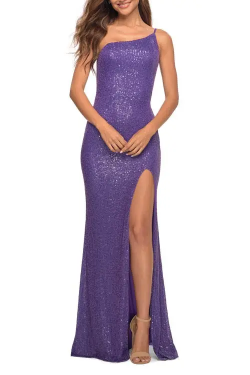 La Femme One-shoulder Sequin Gown - Purple