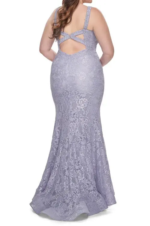 La Femme Mermaid Lace Gown With V-neck - Light Periwinkle