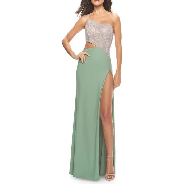 La Femme One-shoulder Rhinestone Bodice Column Gown - Sage