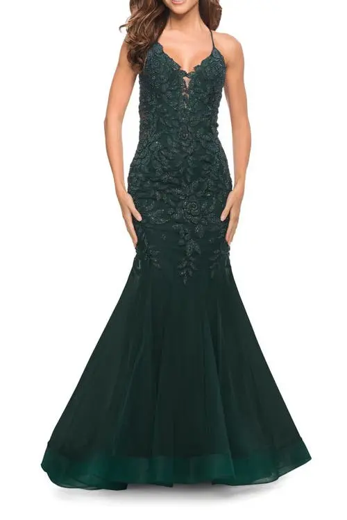 La Femme Mermaid Tulle And Lace Jeweled Gown - Dark Emerald