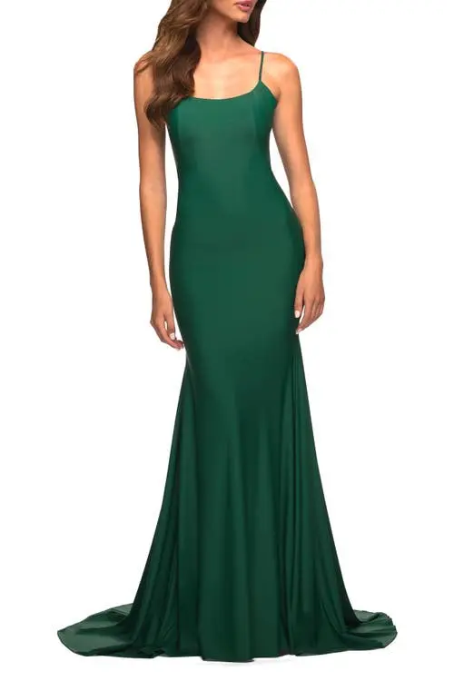 La Femme Luxe Jersey Gown With Train And V Back - Emerald