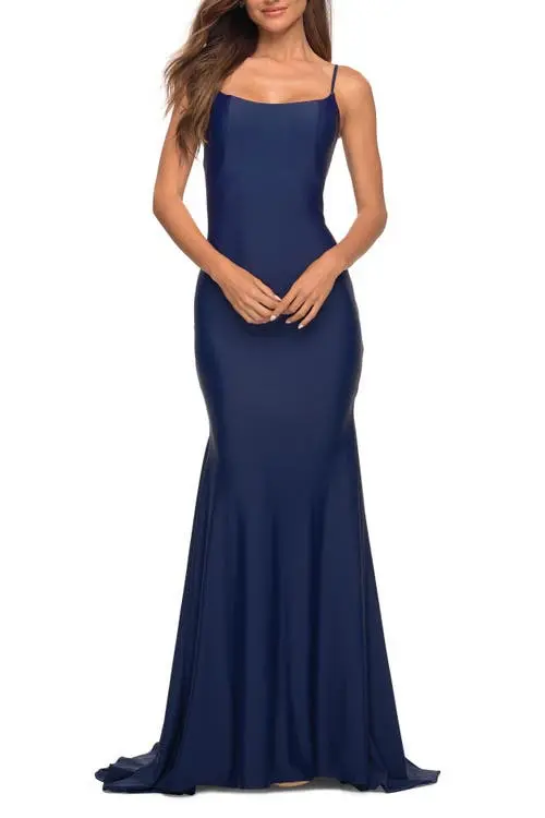 La Femme Luxe Jersey Gown With Train And V Back - Navy