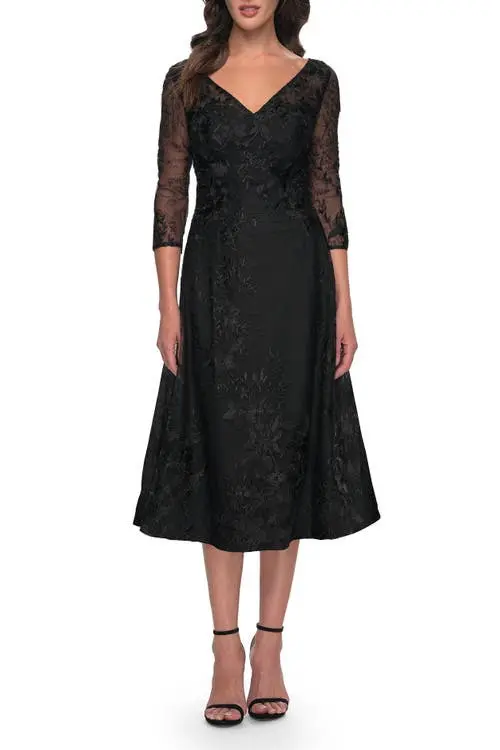 La Femme Lace Tea Length Dress With Sleeves - Black