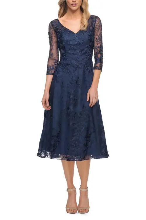 La Femme Lace Tea Length Dress With Sleeves - Navy