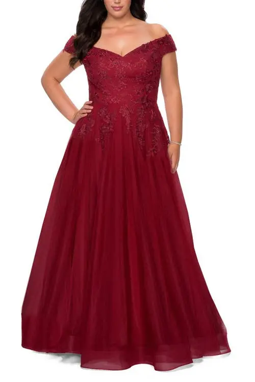 La Femme Off-the-shoulder Tulle Gown With Lace - Burgundy