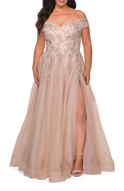 La Femme Off-the-shoulder Tulle Gown With Lace - Champagne