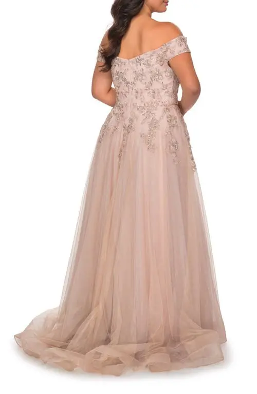 La Femme Off-the-shoulder Tulle Gown With Lace - Champagne