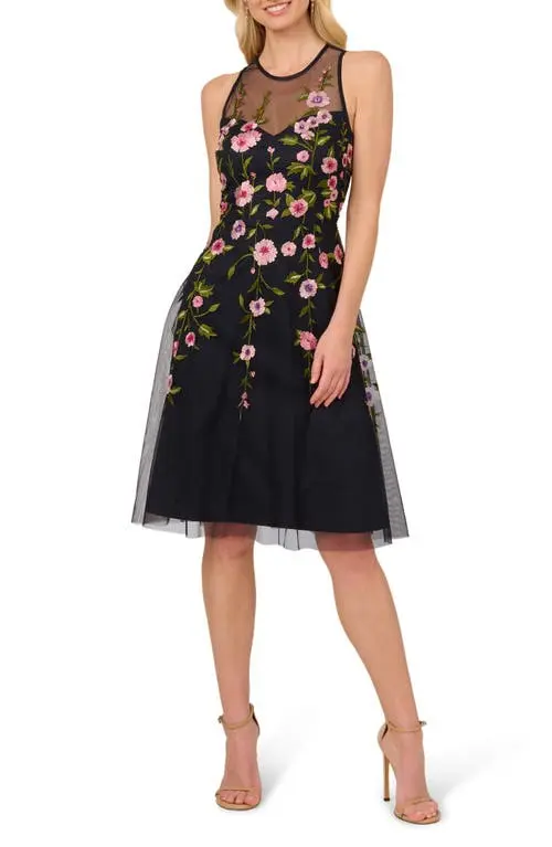 Adrianna Papell Floral Embroidered High-low Midi Dress - Midnight Multi