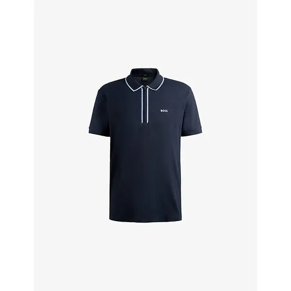 BOSS Branded Short-sleeved Stretch-cotton Polo Shirt - Dark Blue