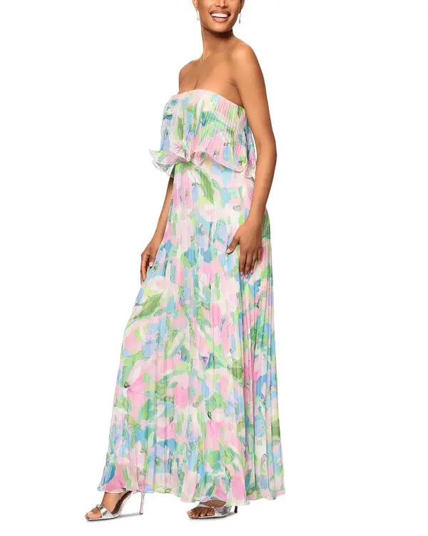 Printed Pleated Strapless Dress