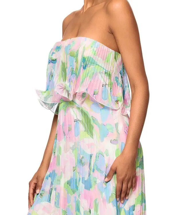 Printed Pleated Strapless Dress